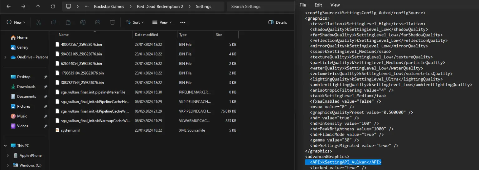 Change RDR2 Graphics API (Vulkan/DX12) using Notepad [File]